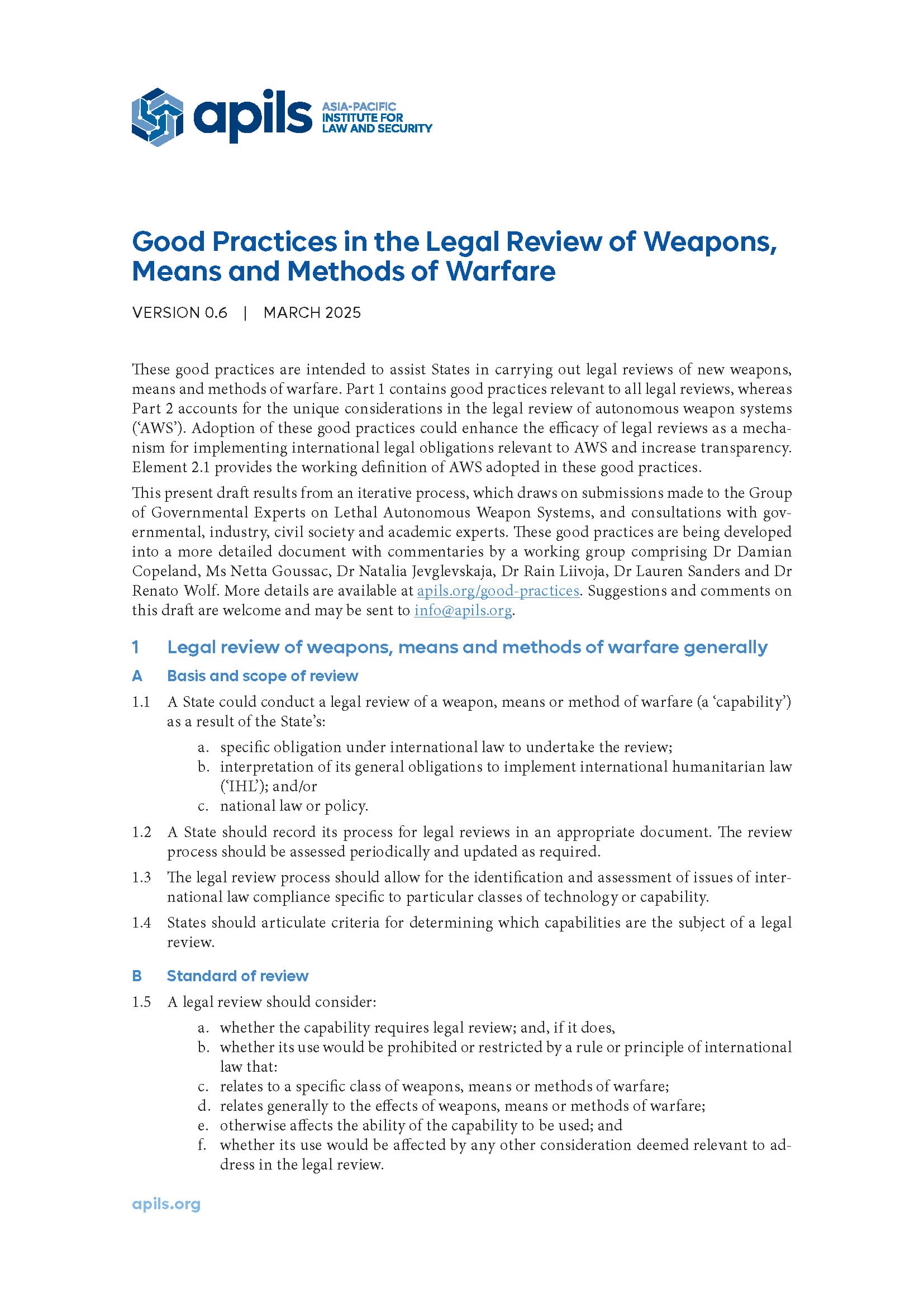 Good Practices in the Legal Review of Weapons – APILS